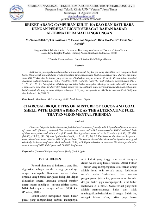 (PDF) Briket Arang Dari Campuran Kulit Kakao Dan Batubara Dengan Perekat Lignin Sebagai Bahan ...