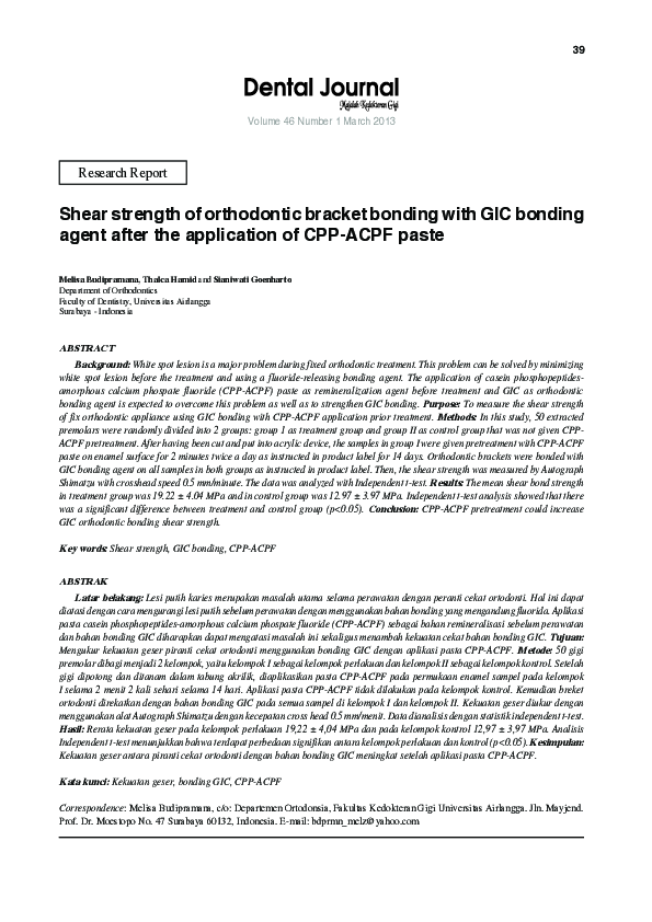 Pdf Shear Strength Of Orthodontic Bracket Bonding With Gic Bonding Agent After The Application