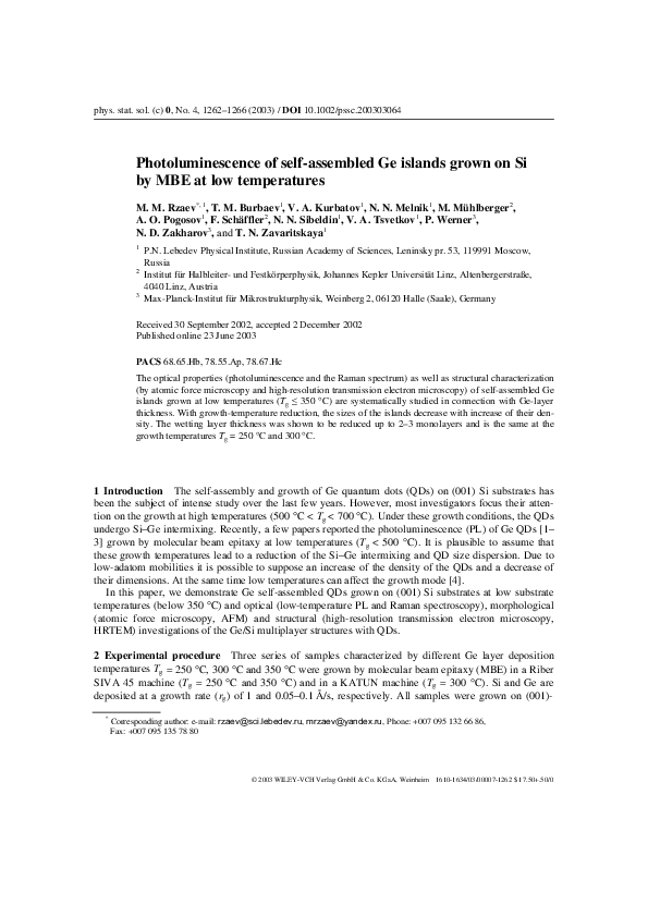 (PDF) Photoluminescence of self-assembled Ge islands grown on Si by MBE at low temperatures