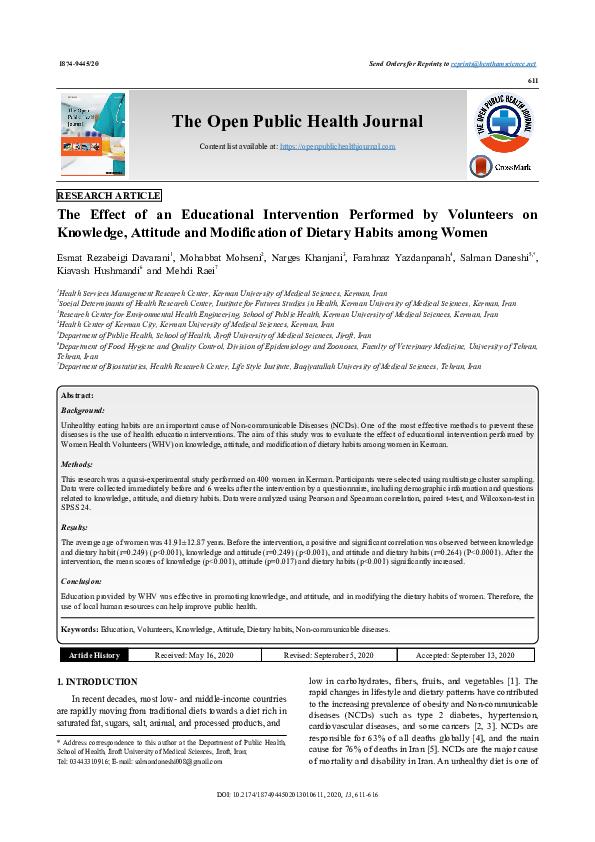 Pdf The Effect Of An Educational Intervention Performed By Volunteers On Knowledge Attitude