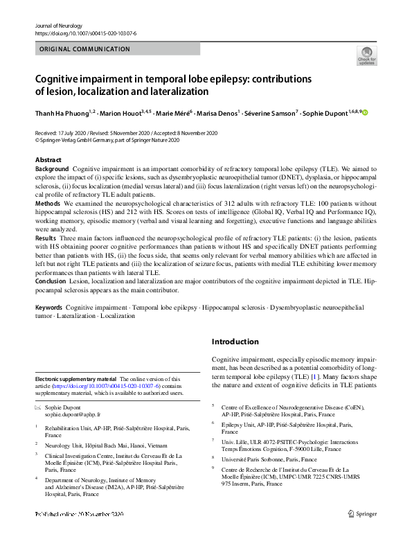 (PDF) Cognitive impairment in temporal lobe epilepsy: contributions of lesion, localization and ...