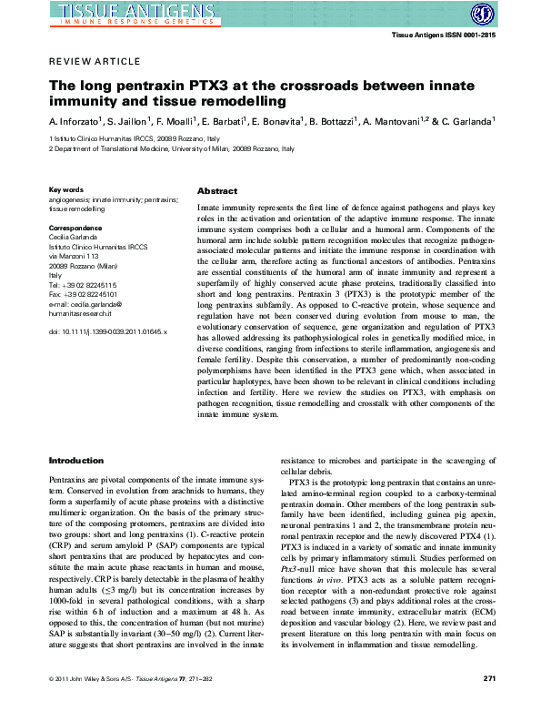 (PDF) The long pentraxin PTX3 at the crossroads between innate immunity and tissue remodelling