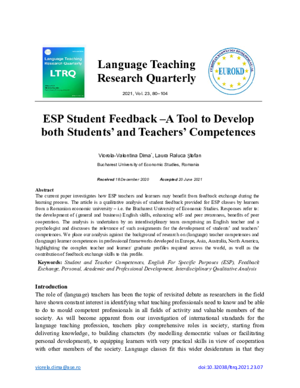 (PDF) ESP Student Feedback –A Tool to Develop both Students’ and Teachers’ Competences