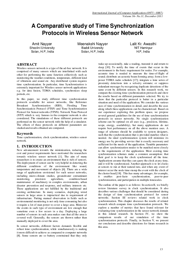 (PDF) A Comparative study of Time Synchronization Protocols in Wireless Sensor Network