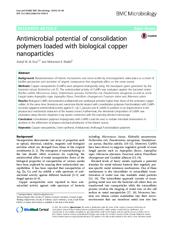 (PDF) Antimicrobial potential of consolidation polymers loaded with biological copper nanoparticles