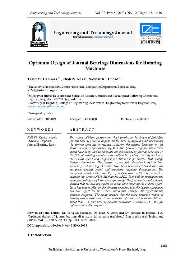 (PDF) Optimum Design of Journal Bearings Dimensions for Rotating Machines