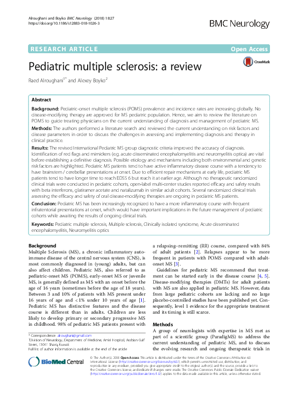 (PDF) Pediatric multiple sclerosis: a review