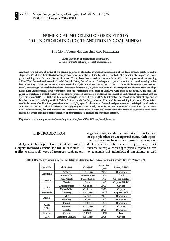 (PDF) Numerical modeling of open pit (OP) to underground (UG) transition in coal mining