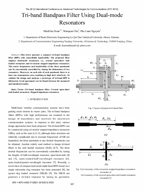 (PDF) Tri-band bandpass filter using dual-mode resonators