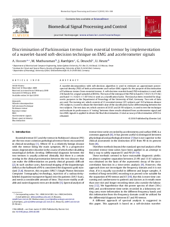 Pdf Discrimination Of Parkinsonian Tremor From Essential Tremor By Implementation Of A Wavelet