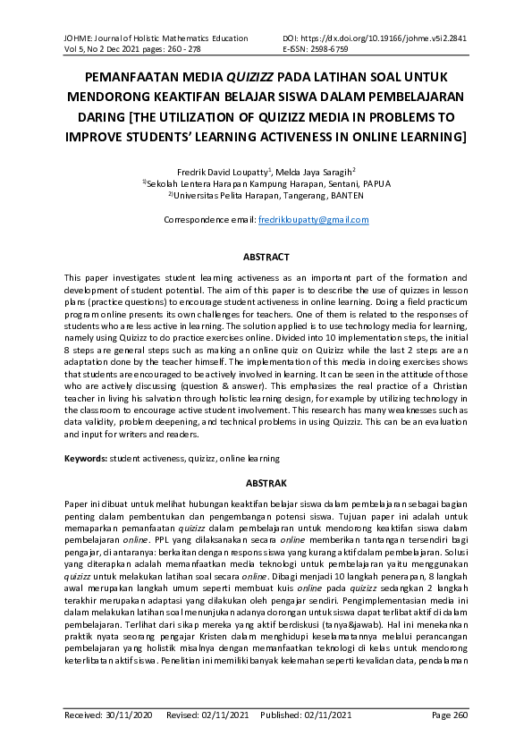 (PDF) Pemanfaatan Media Quizizz Pada Latihan Soal Untuk Mendorong Keaktifan Belajar Siswa Dalam ...