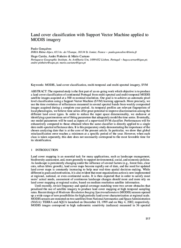 Pdf Land Cover Classification With Support Vector Machine Applied To Modis Imagery