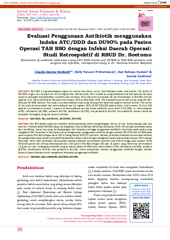 (PDF) Evaluasi Penggunaan Antibiotik menggunakan Indeks ATC/DDD dan DU90% pada Pasien Operasi ...
