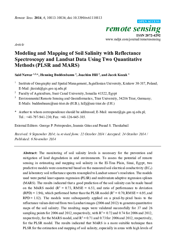 (PDF) Modeling and Mapping of Soil Salinity with Reflectance Spectroscopy and Landsat Data Using ...