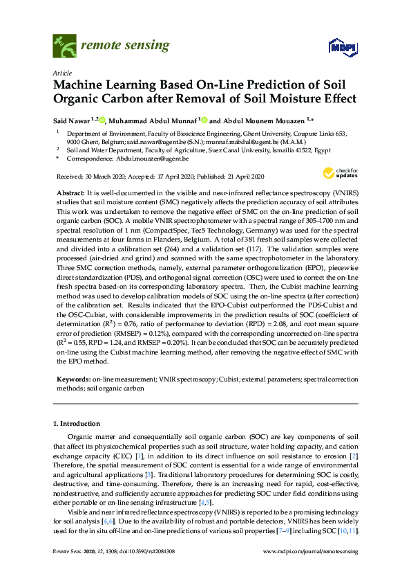 (PDF) Machine Learning Based On-Line Prediction of Soil Organic Carbon after Removal of Soil ...