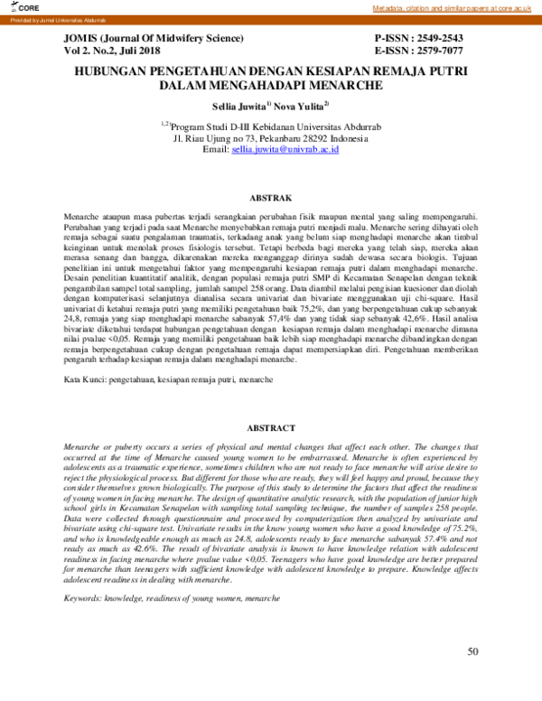 (PDF) Hubungan Pengetahuan Dengan Kesiapan Remaja Putri Dalam Mengahadapi Menarche