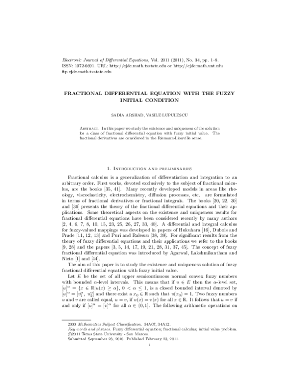 (PDF) Fractional differential equation with the fuzzy initial condition | Vasile Lupulescu ...