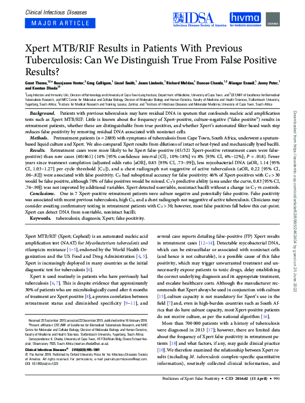 (PDF) Xpert MTB/RIF Results in Patients With Previous Tuberculosis: Can ...