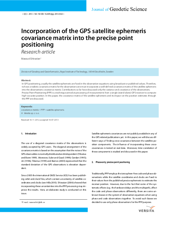 (PDF) Incorporation of the GPS satellite ephemeris covariance matrix into the precise point ...