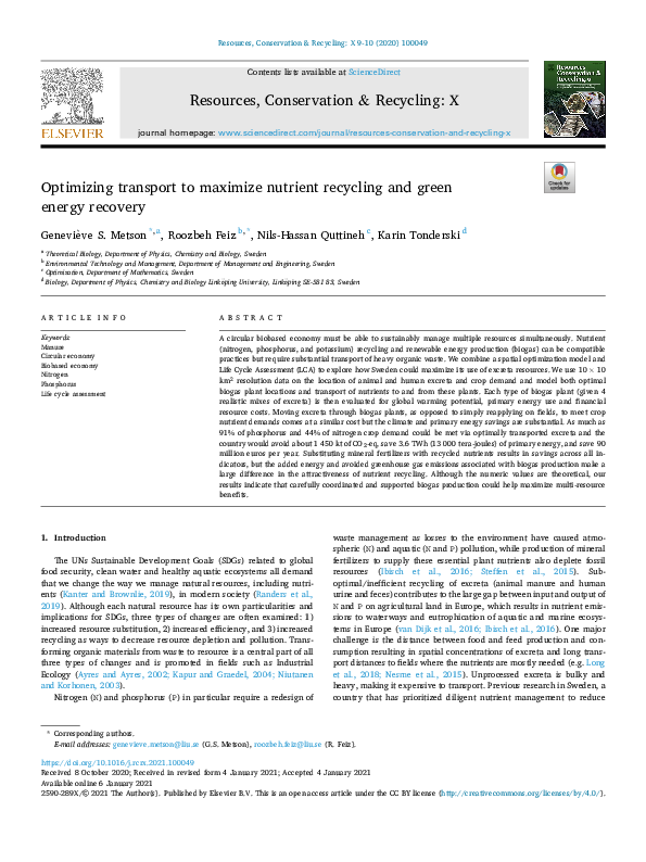 (PDF) Optimizing transport to maximize nutrient recycling and green ...
