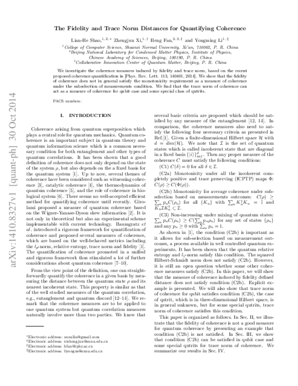 (PDF) Fidelity and trace-norm distances for quantifying coherence