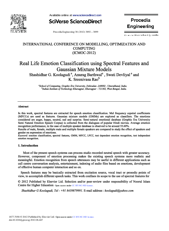 (PDF) Real Life Emotion Classification using Spectral Features and Gaussian Mixture Models