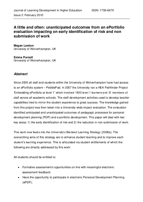(PDF) Journal of Learning Development in Higher Education A little and ...
