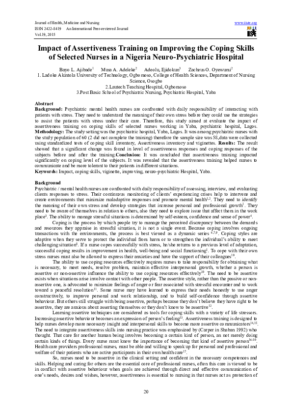 (PDF) Impact of Assertiveness Training on Improving the Coping Skills of Selected Nurses in a ...