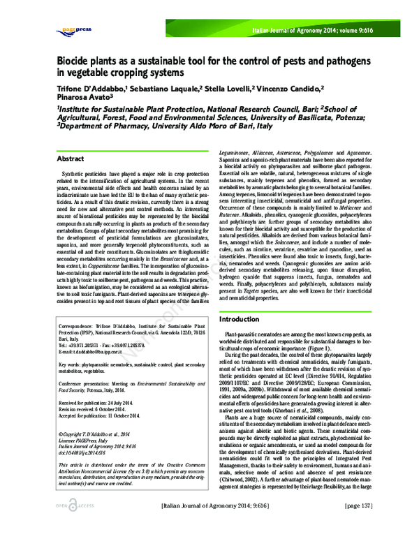 (PDF) Biocide plants as a sustainable tool for the control of pests and pathogens in vegetable ...