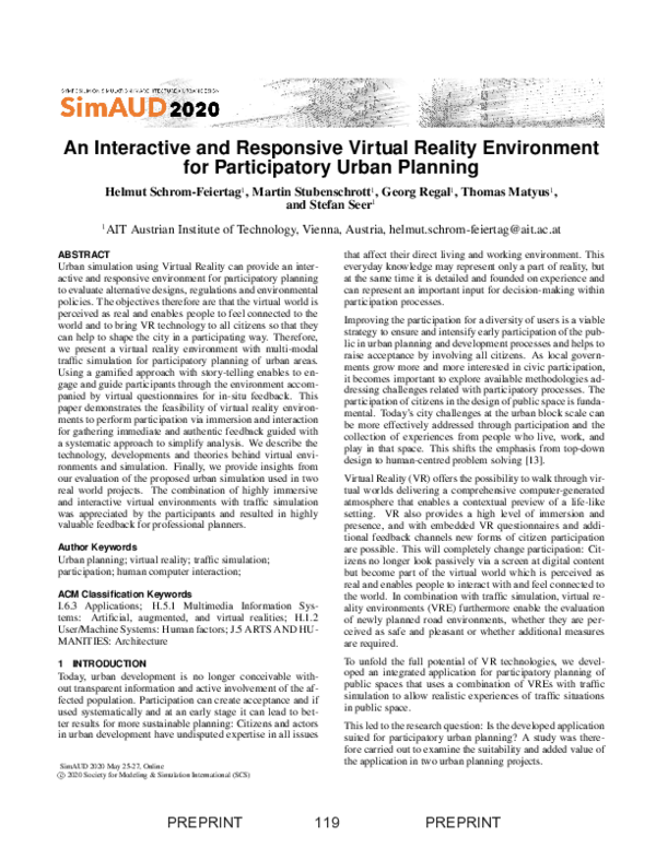 (PDF) An Interactive and Responsive Virtual Reality Environment for Participatory Urban Planning