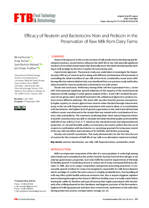 (PDF) Efficacy of Reuterin and Bacteriocins Nisin and Pediocin on ...