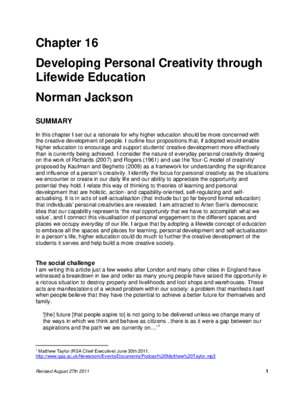 (PDF) Developing personal creativity through lifewide education
