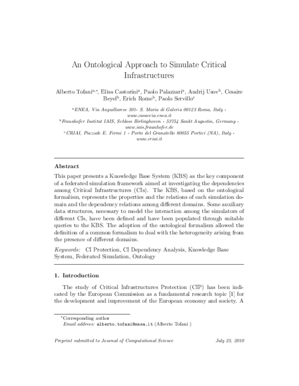 (PDF) An ontological approach to simulate critical infrastructures | Paolo Servillo - Academia.edu