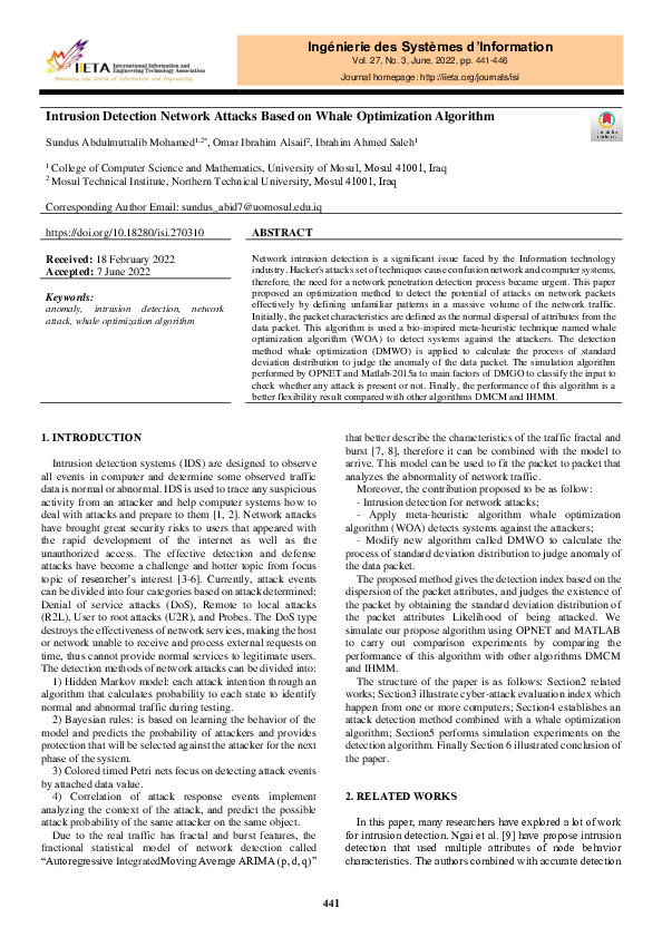 Pdf Intrusion Detection Network Attacks Based On Whale Optimization Algorithm