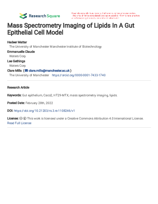 (PDF) Mass Spectrometry Imaging of Lipids In A Gut Epithelial Cell Model