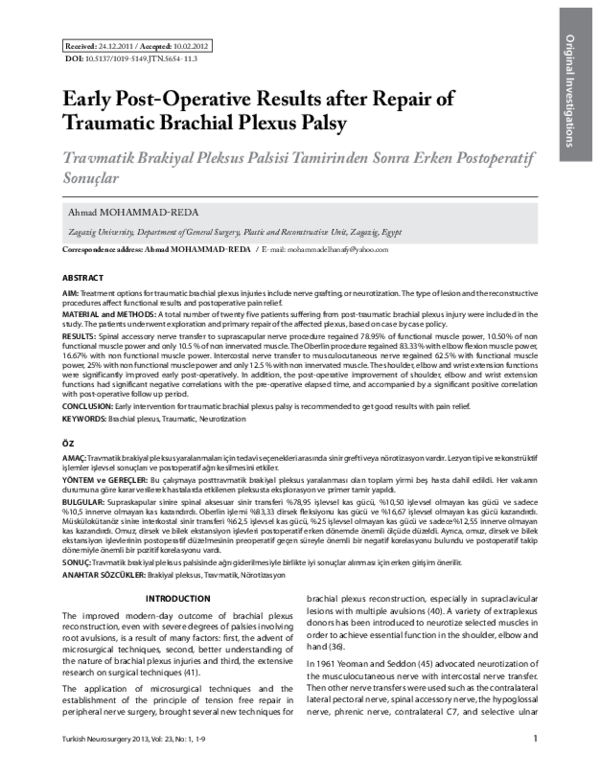(PDF) Early post operative results after repair of traumatic brachial ...