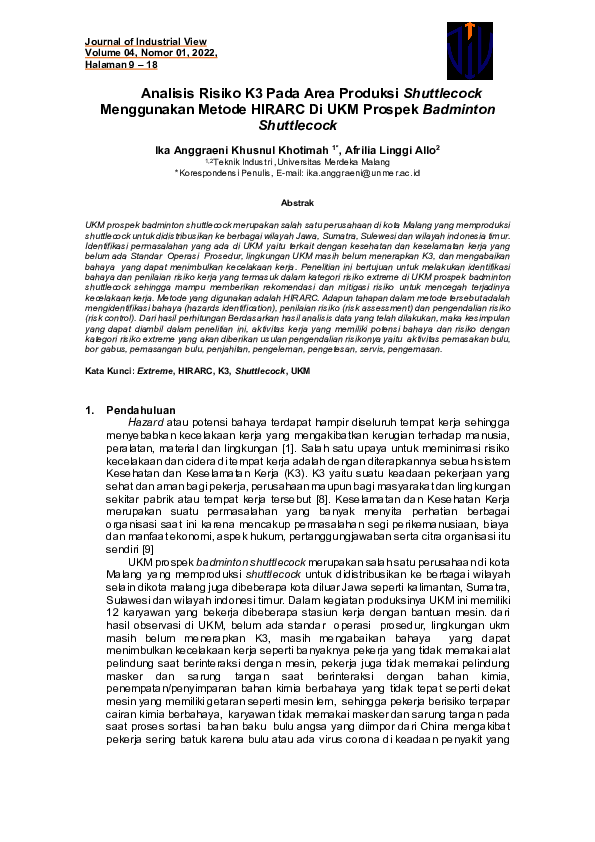 (PDF) Analisis Risiko K3 pada Area Produksi Shuttlecock menggunakan ...
