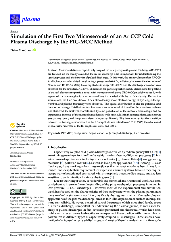 (PDF) Simulation of the First Two Microseconds of an Ar CCP Cold Plasma ...