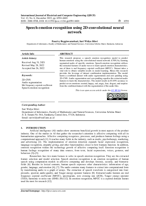 Pdf Speech Emotion Recognition Using 2d Convolutional Neural Network