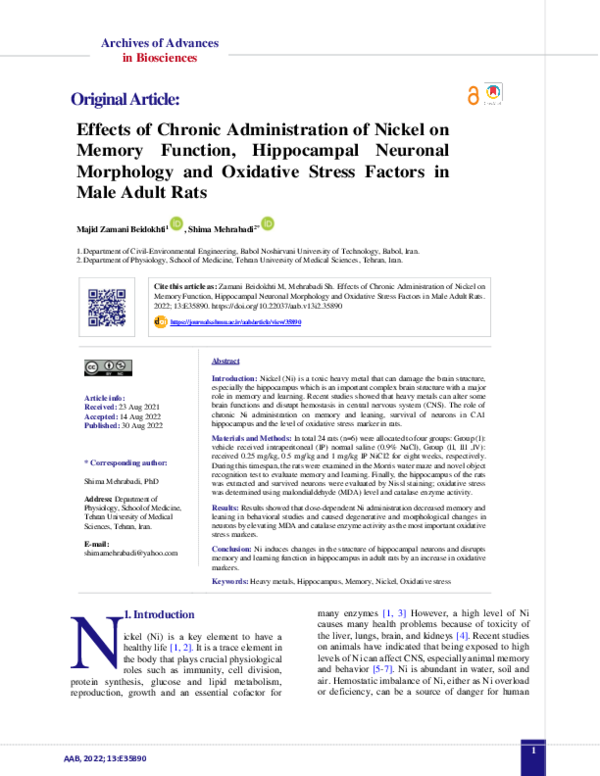 (PDF) Original Article: Effects of Chronic Administration of Nickel on Memory Function ...