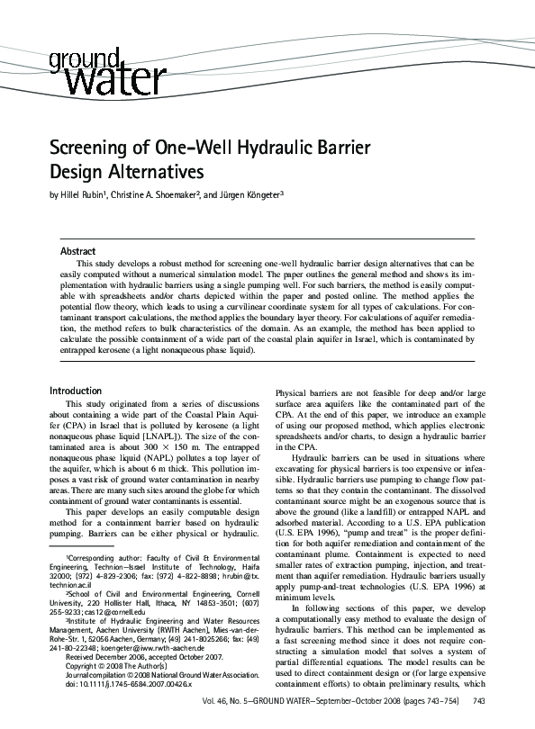 (PDF) Screening of One-Well Hydraulic Barrier Design Alternatives