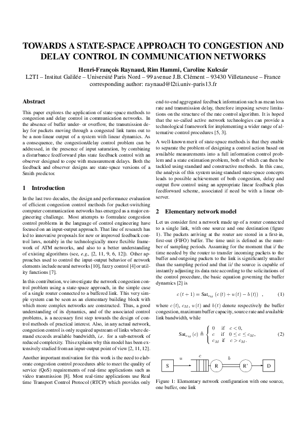 (PDF) Towards a state-space approach to congestion and delay control in communication networks