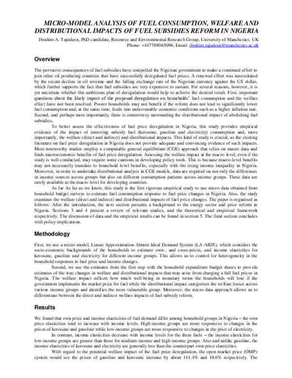 (PDF) The MICRO-MODEL ANALYSIS OF FUEL CONSUMPTION , WELFARE AND DISTRIBUTIONAL IMPACTS OF FUEL ...