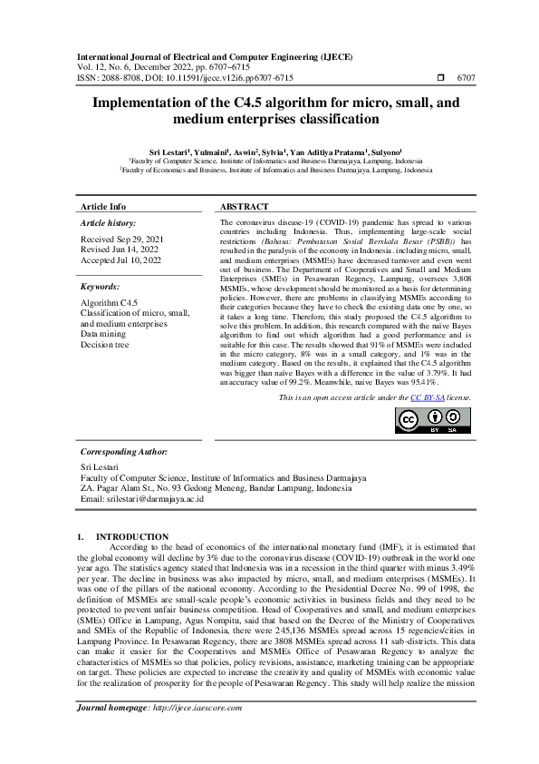 Pdf Implementation Of The C4 5 Algorithm For Micro Small And Medium Enterprises Classification