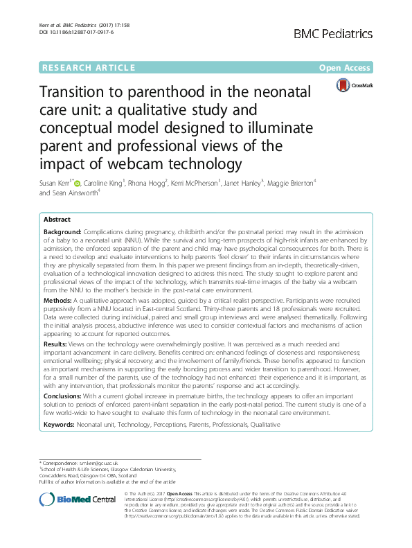 (PDF) Transition to parenthood in the neonatal care unit: a qualitative study and conceptual ...