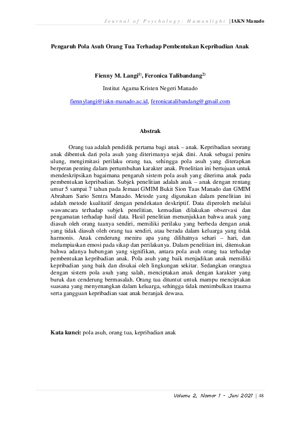 (PDF) Pengaruh Pola Asuh Orang Tua Terhadap Pembentukan Kepribadian Anak