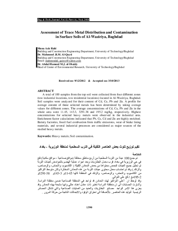 (PDF) Assessment of Trace Metal Distribution and Contamination in Surface Soils of Al-Waziriya ...