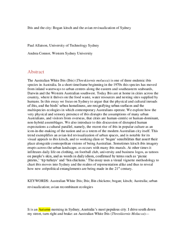 (PDF) Ibis and the city: bogan kitsch and the avian revisualization of ...
