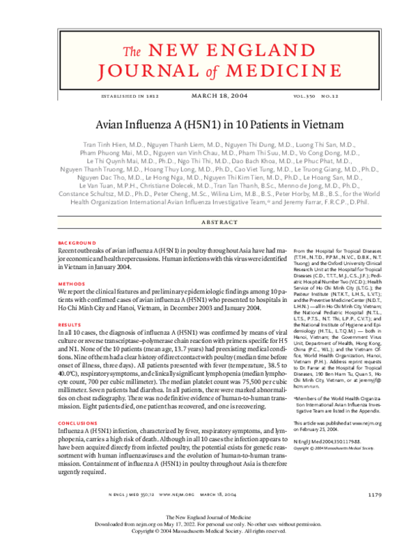 (PDF) Avian Influenza A (H5N1) in 10 Patients in Vietnam | Thi nguyen ...