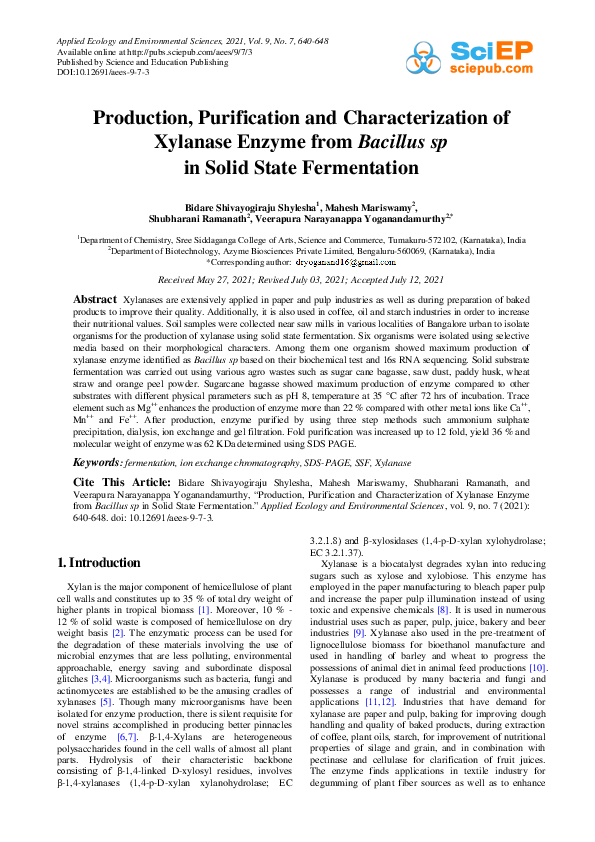 (PDF) Production, Purification and Characterization of Xylanase Enzyme from Bacillus sp in Solid ...